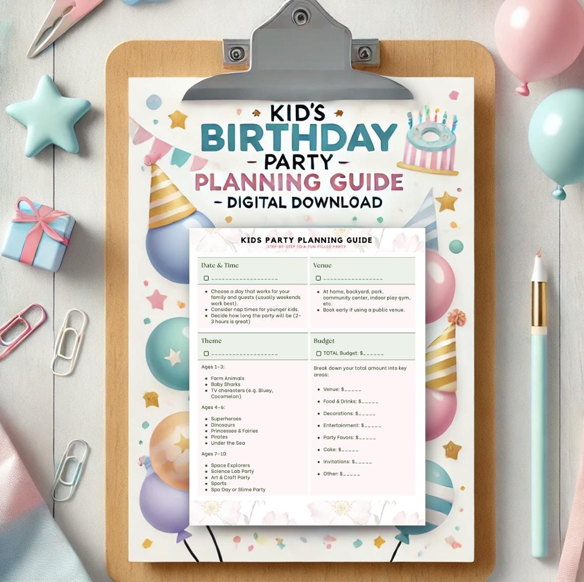 Kids Birthday Party Planning Guide | Printable PDF Organizer | Budget ...