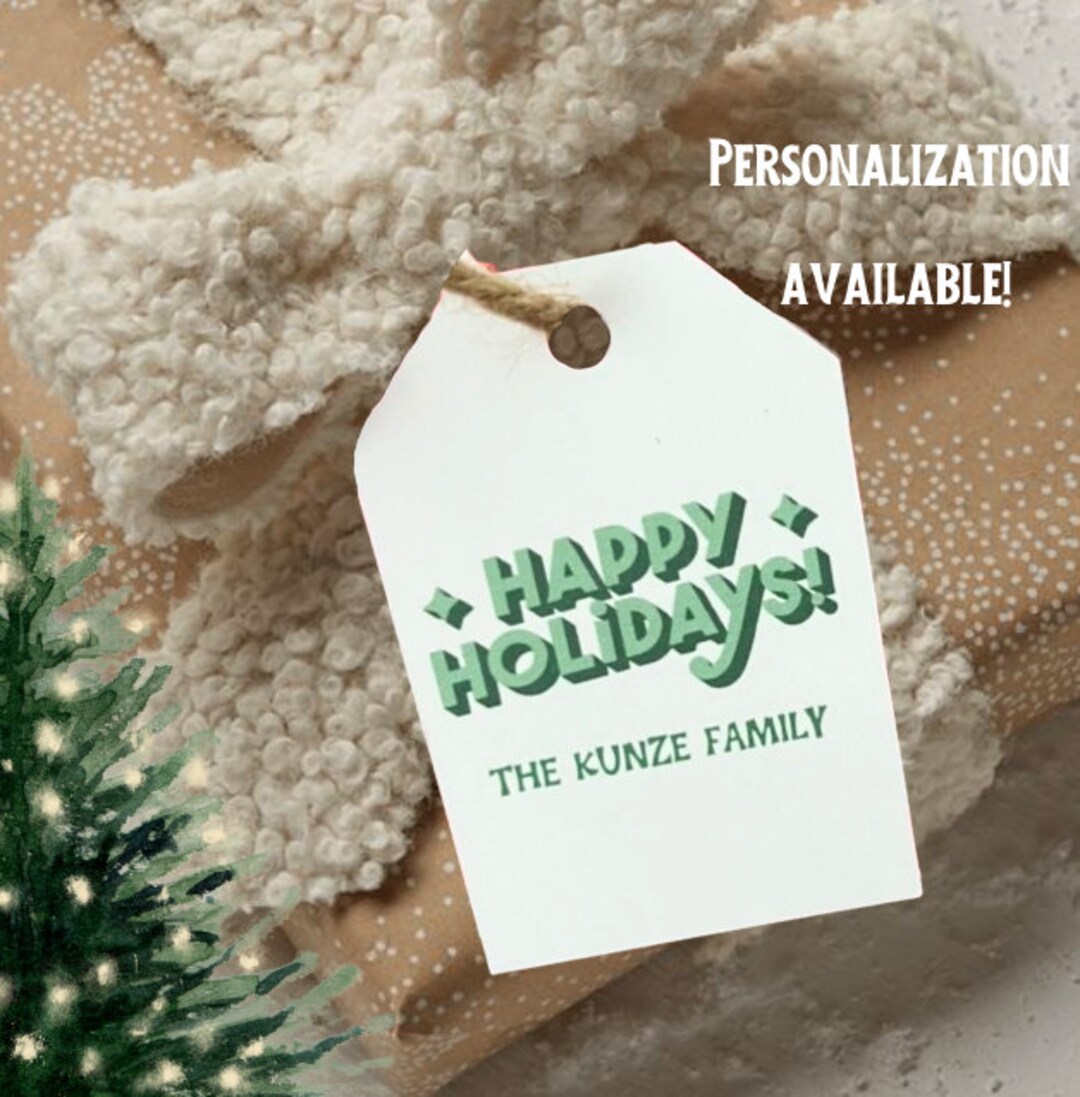 PRINTED Custom Happy Holidays Gift Tag, Retro Happy Holidays Christmas ...