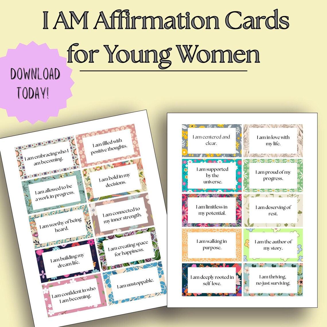 100 Positive Affirmation Cards for Young Women, Printable I Am ...