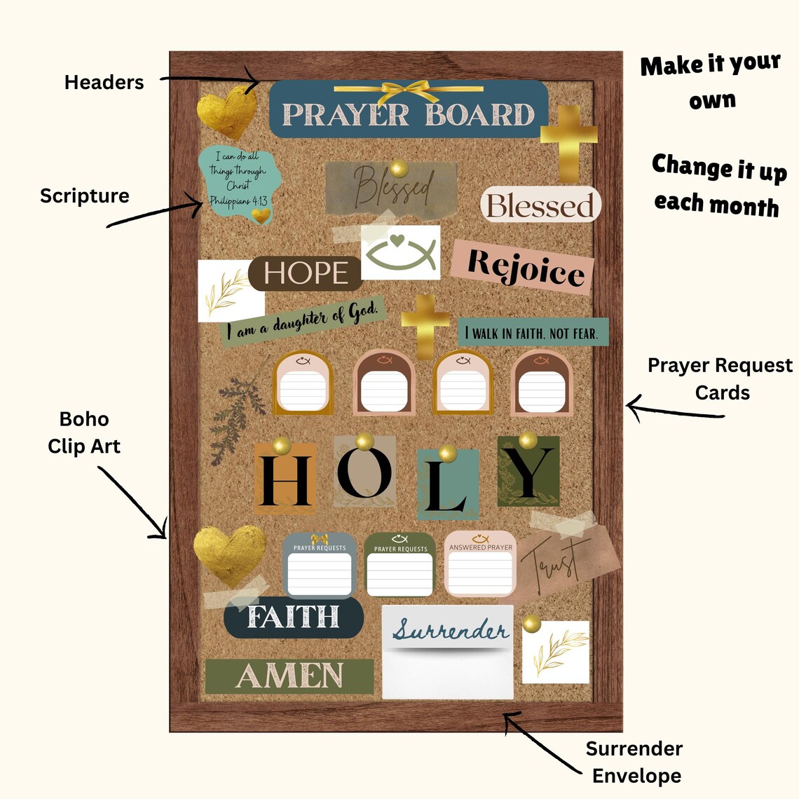 Prayer Board Kit Printable, Boho Prayer Board Bundle, Vision Board 2025 ...