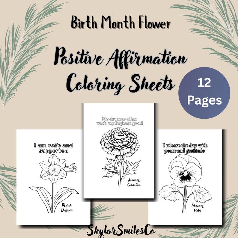 Affirmation Coloringbook Printable, Birth Month Flowers Art ...