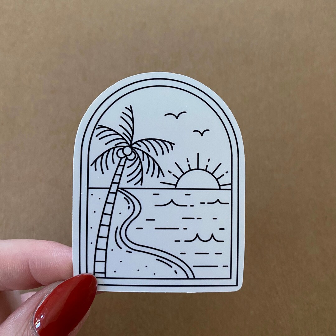 Tropical Beach Scene Drawing Vinyl Sticker Waves Bird Palm Trees for ...