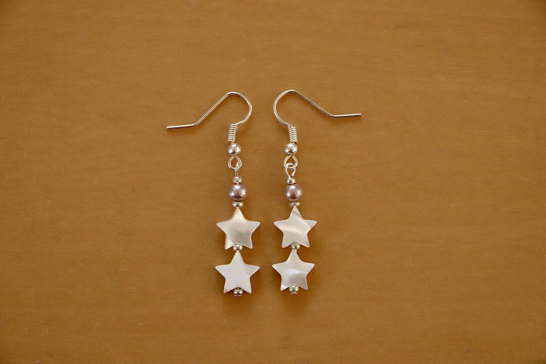 Mother of Pearl Double Star Stacked Beaded Earrings With Pink Pearls ...