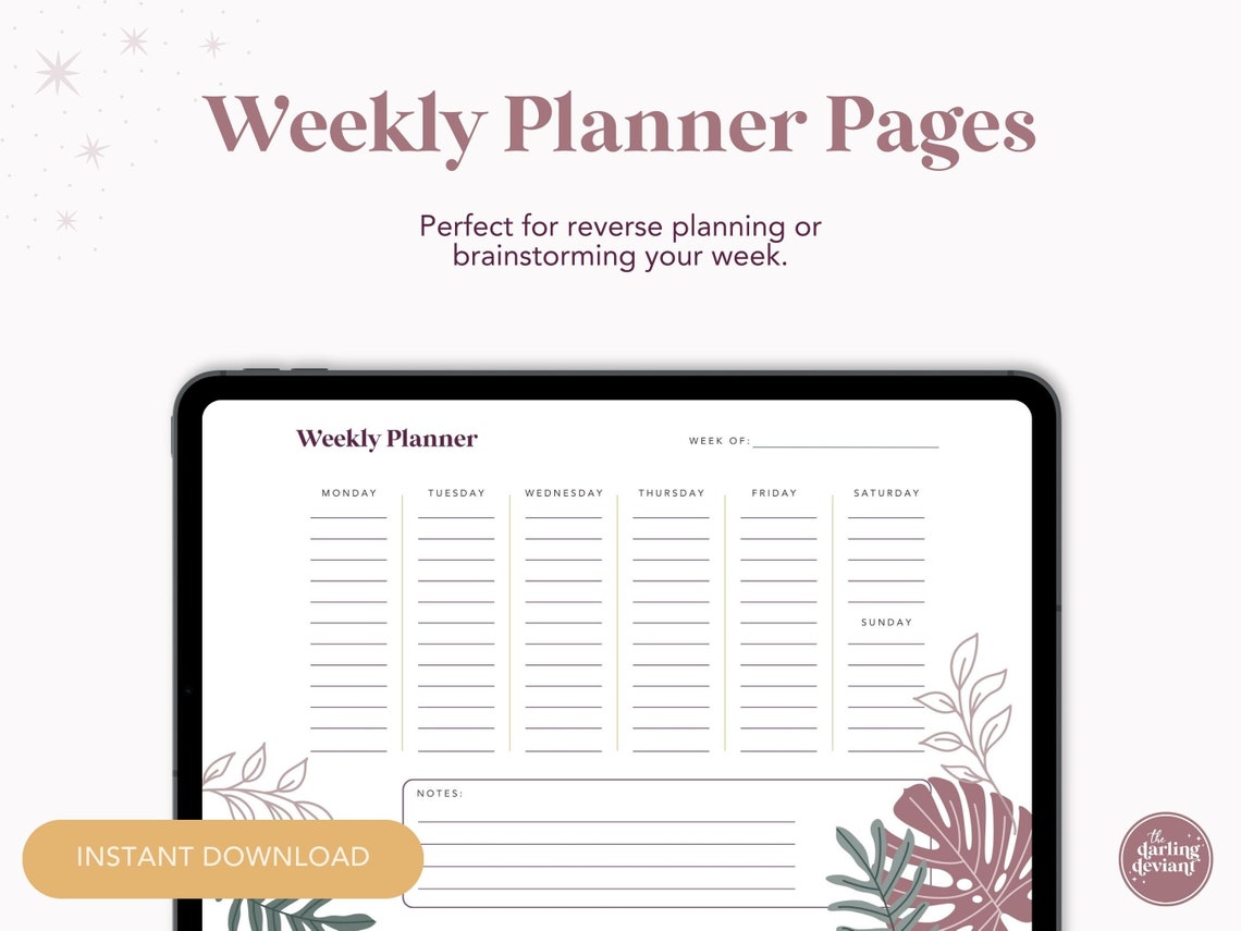 Weekly Planner Single Page Digital Download | iPad Planner Page ...