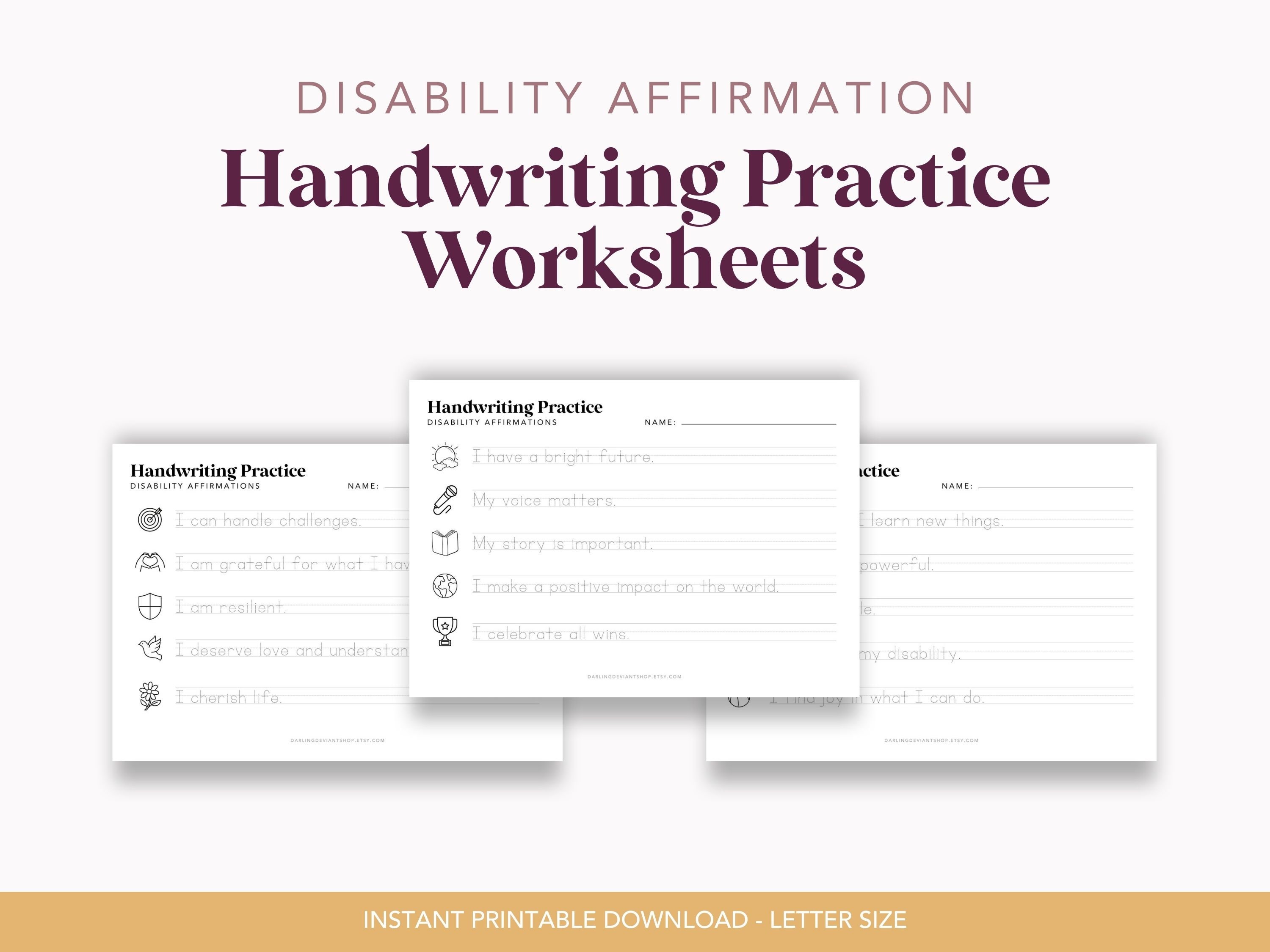 Handwriting Worksheets With Disability Affirmations | Handwriting ...