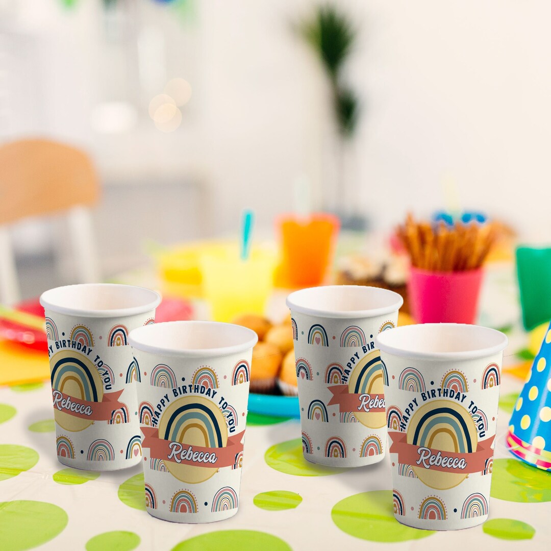 12 Personalised Rainbow Paper Cups Birthday Celebration Party Supplies ...
