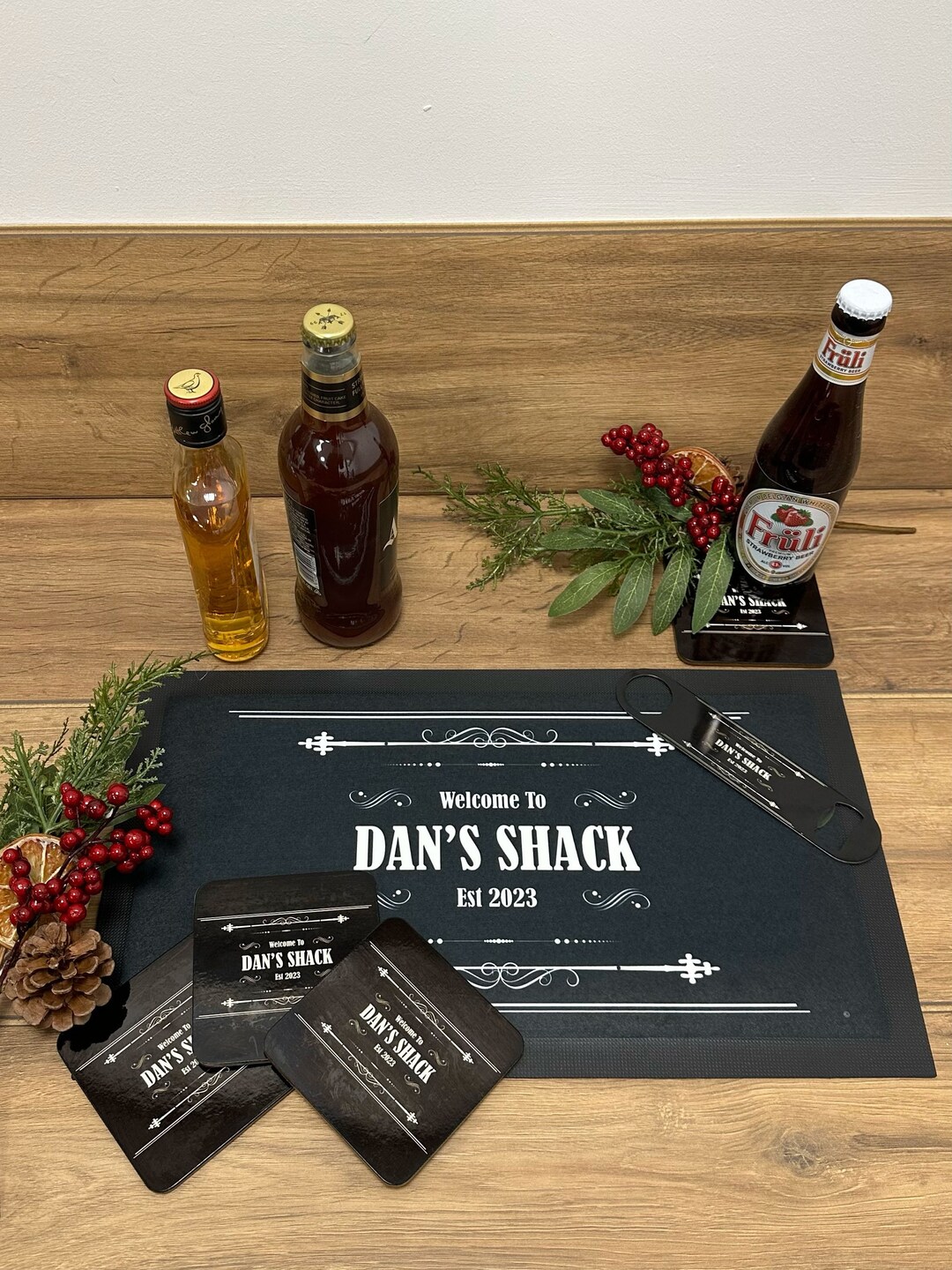 Personalized Home Bar Gift Set for Him Bar Runner Mat, Pack of 4 Beer ...