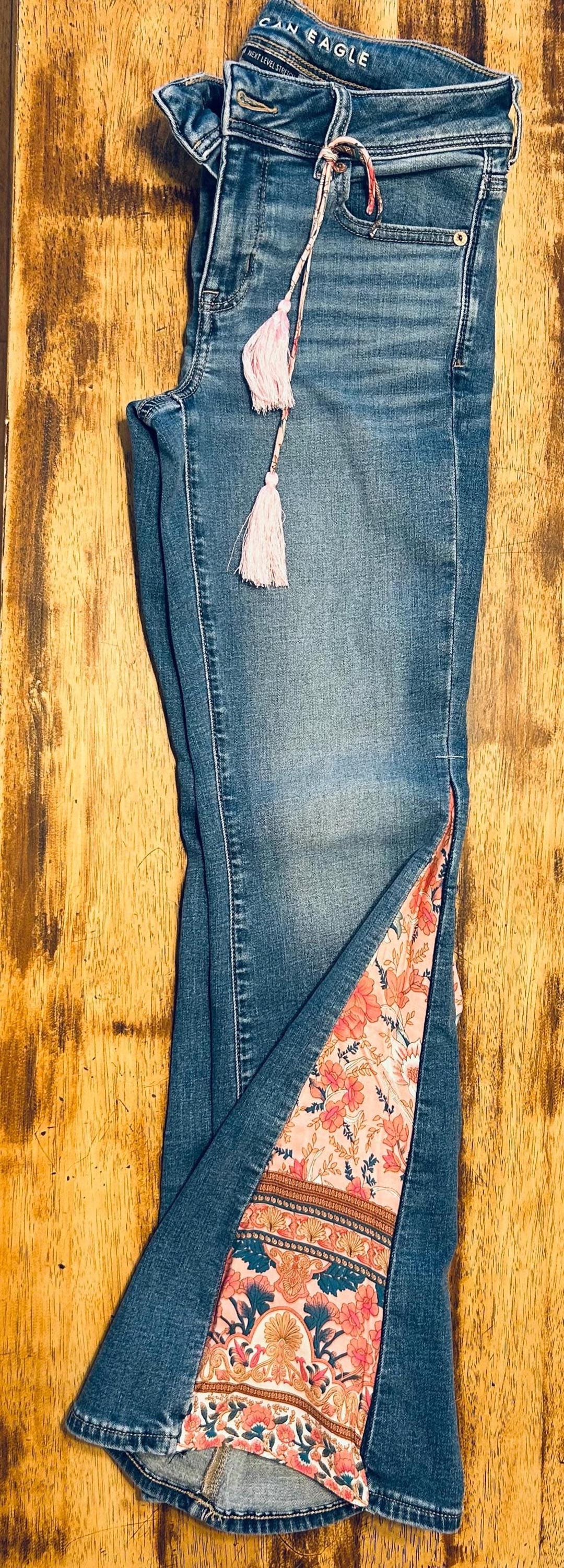 Upcycled Flare Jeans, Floral Patchwork Bell Bottoms, Boho Style, Size 4 ...