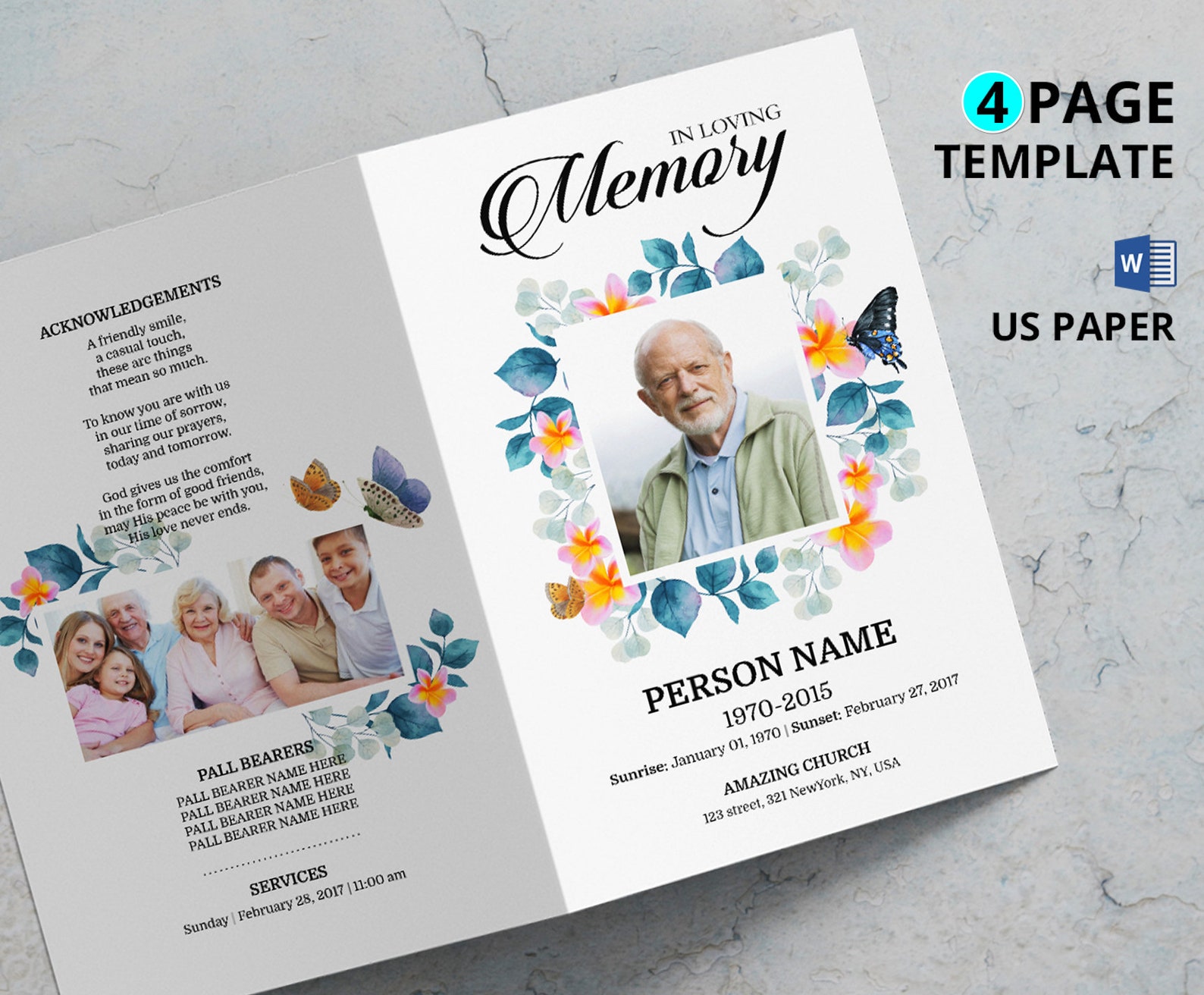WATERCOLOR FLOWER Funeral Program Template Obituary - Etsy