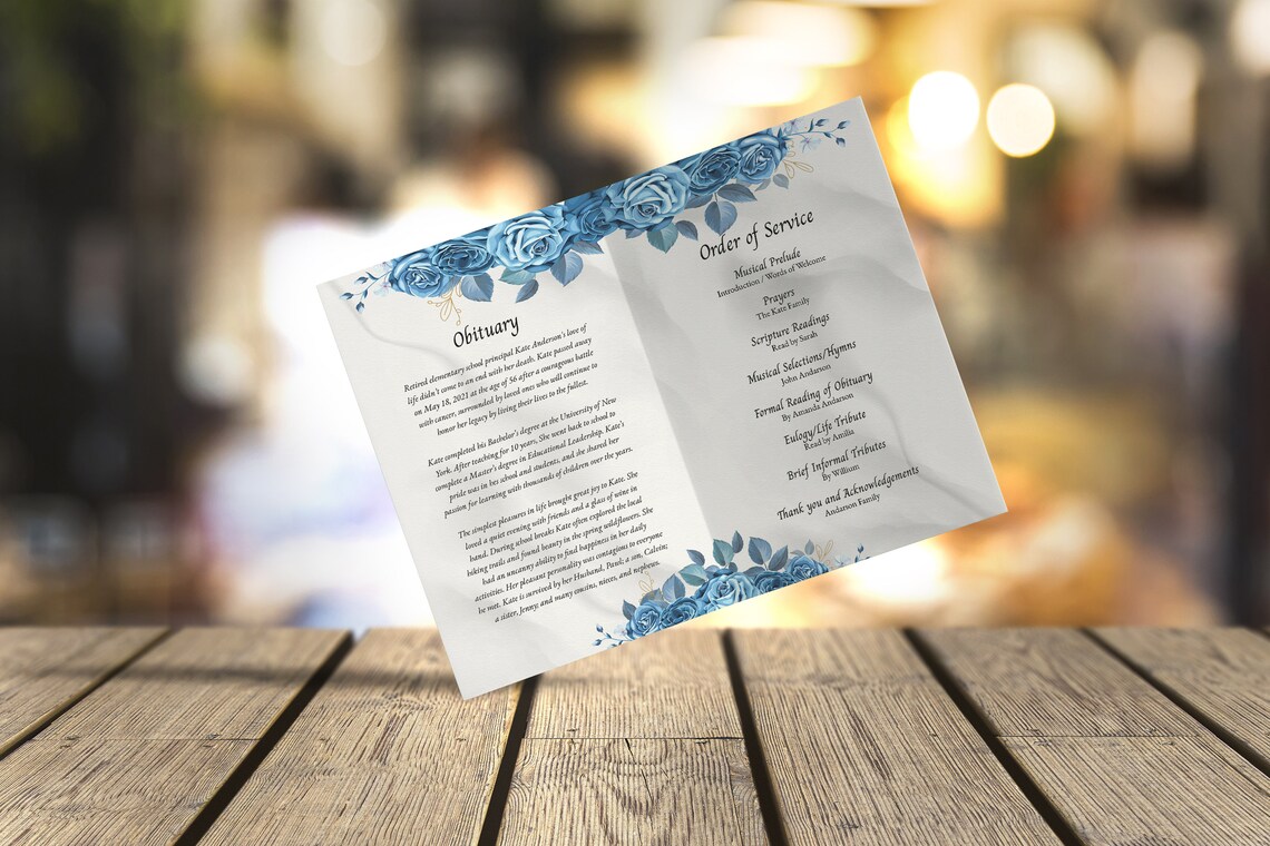 Blue Rose Funeral Program Template for Women, Celebrating the Life of ...