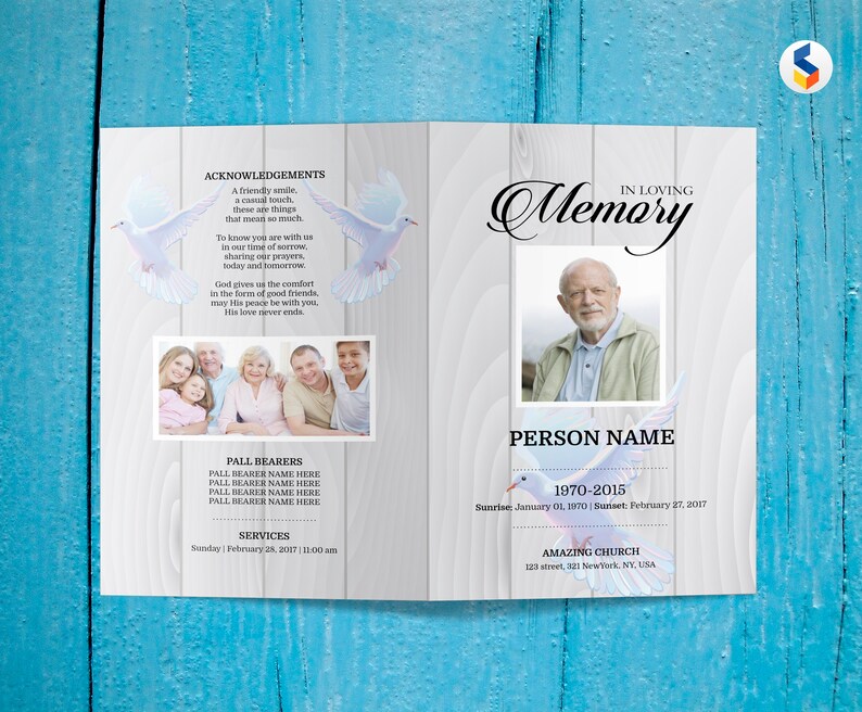 WOODEN BACKGROUND & DOVE Funeral Program Template Obituary - Etsy