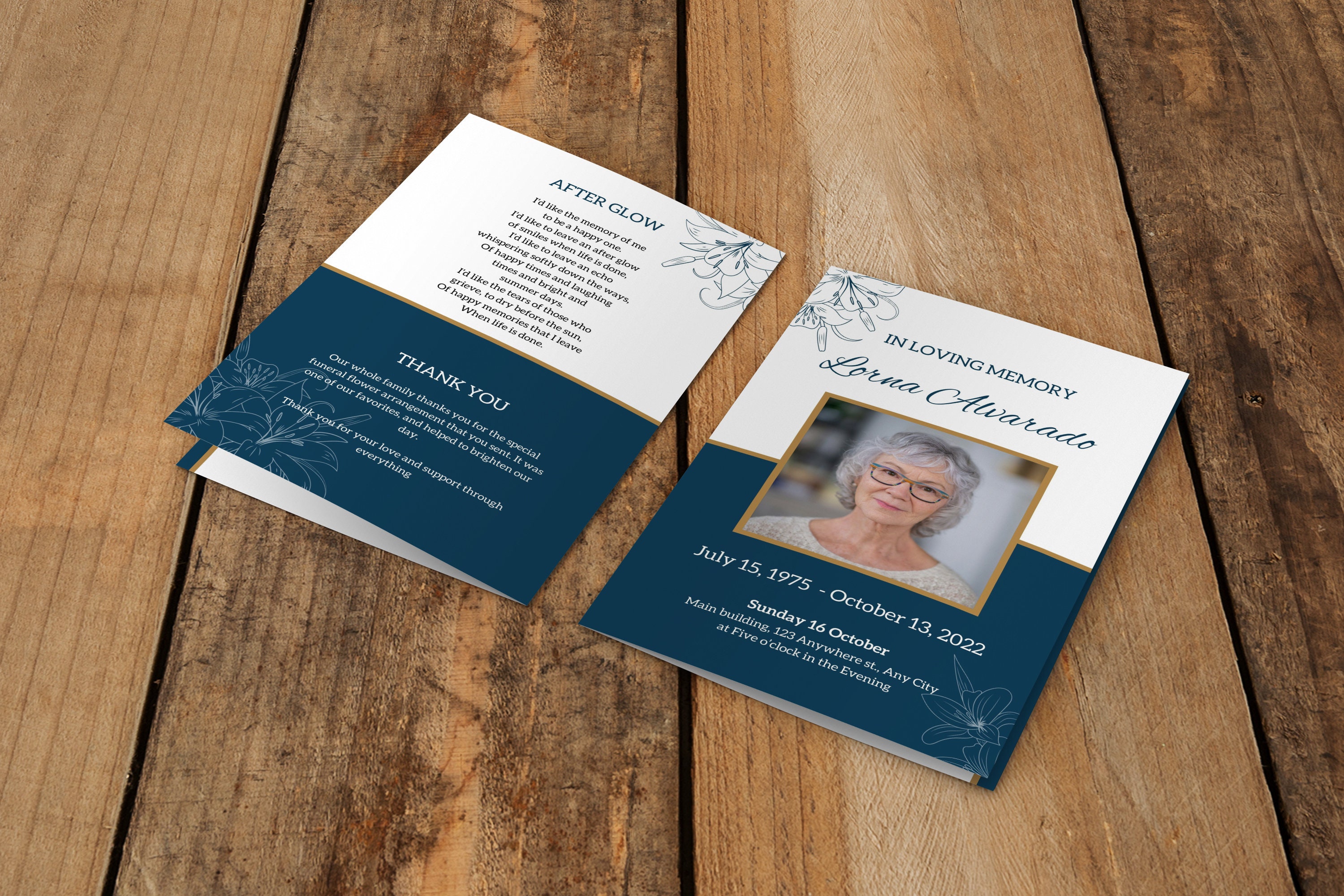 Editable Blue and Gold Frame Funeral Program Template for Women 4-page ...
