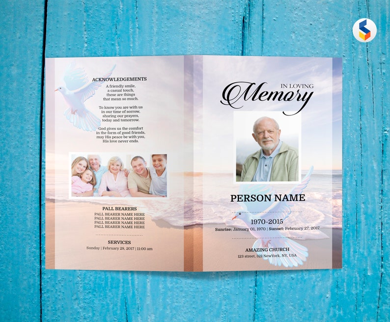 DOVE AND BEACH Funeral Program Template, Obituary Program, Memorial ...