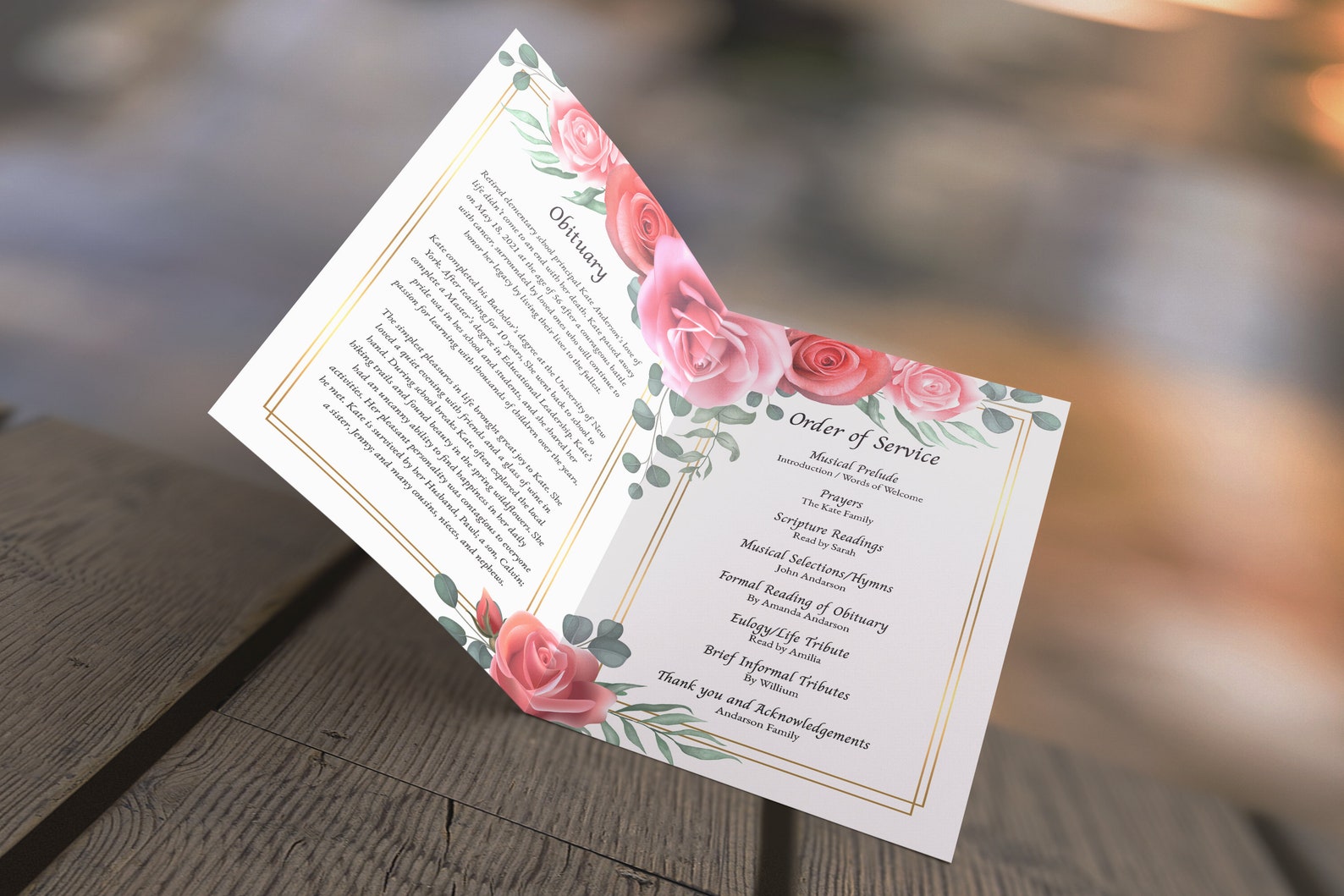Pink Rose Funeral Program Template, Celebration of Life (canva, Word ...