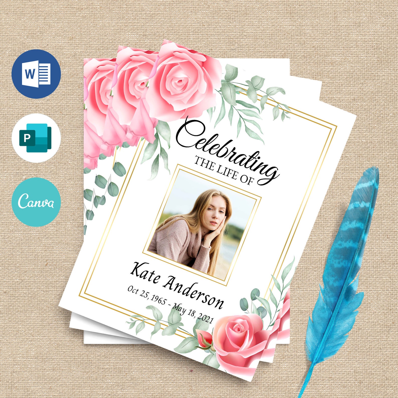 Editable Pink Rose Funeral Program - Celebrate Life and Honor Your ...