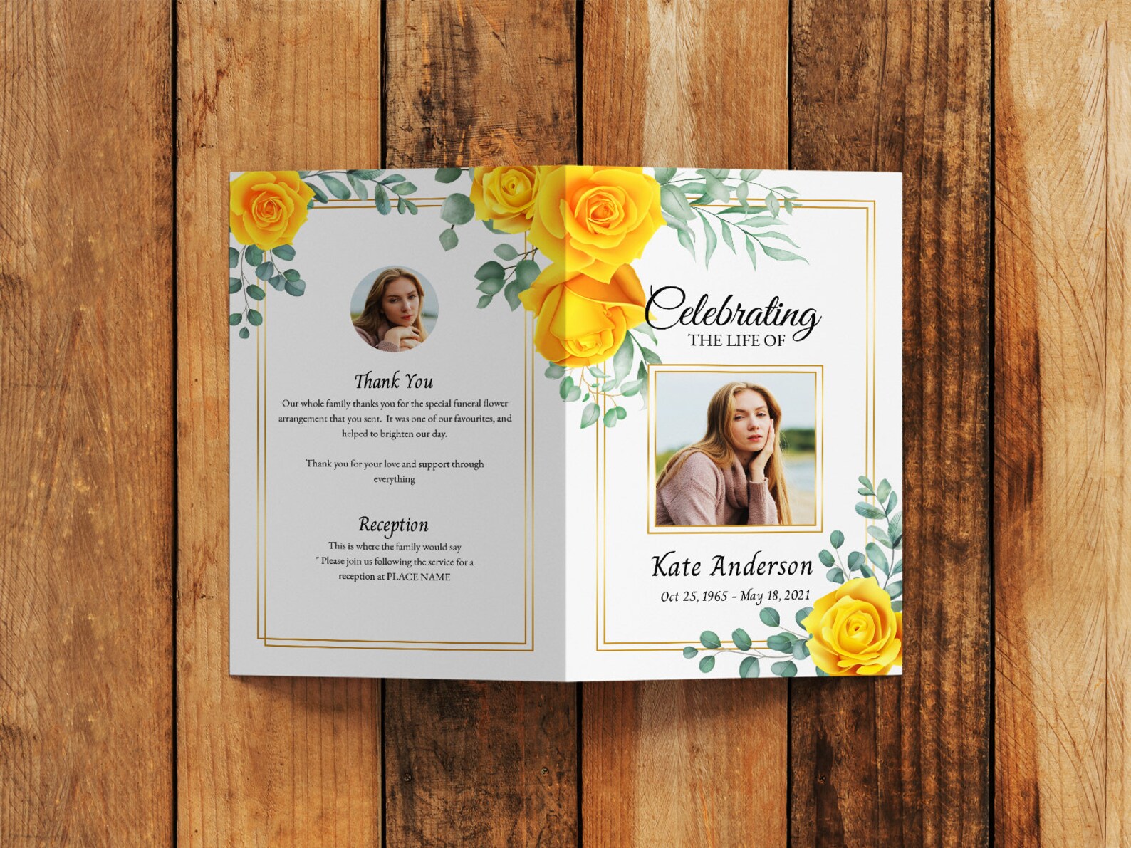 Yellow Rose Funeral Program Template for Women, Celebrating the Life of ...