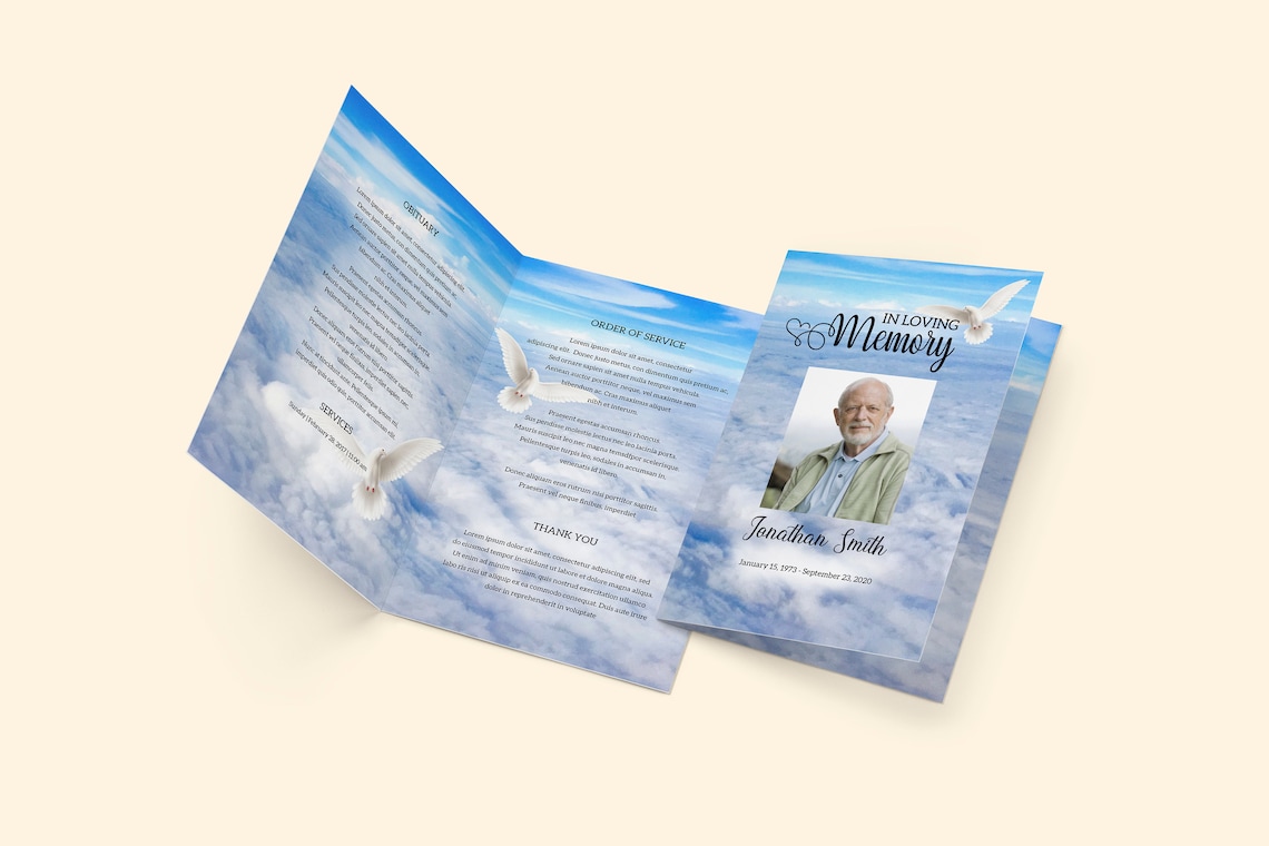 Angel Dove on Sky Funeral Program Template for Men, 4 Page Obituary ...