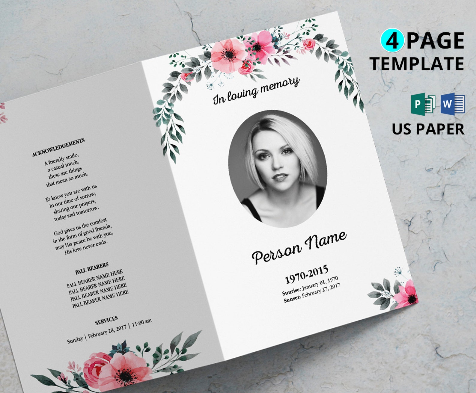 WATERCOLOR FLOWER Funeral Program Template, Obituary Program, Memorial ...