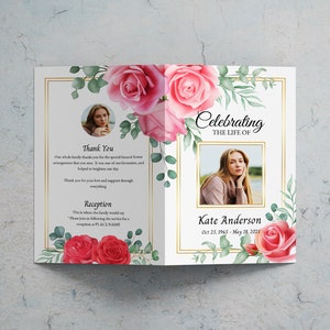 Pink Rose Funeral Program Template for Women, Celebrating the Life of Funeral Program 4 Page ...
