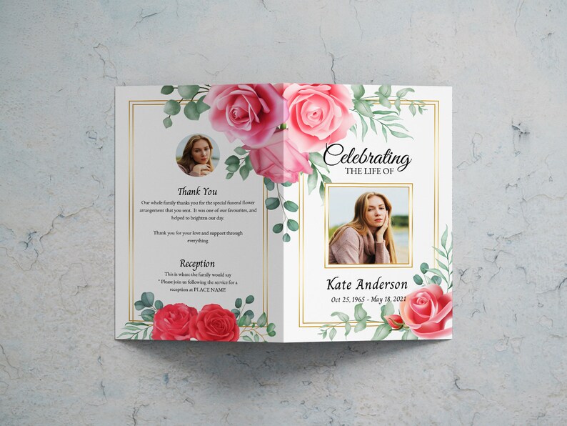 Pink Rose Funeral Program Template for Women, Celebrating the Life of ...