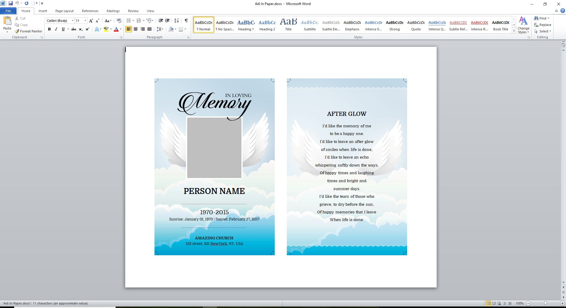 Angel Wing Funeral Prayer Card Template | Editable MS Word (4x6 & 5x7 ...