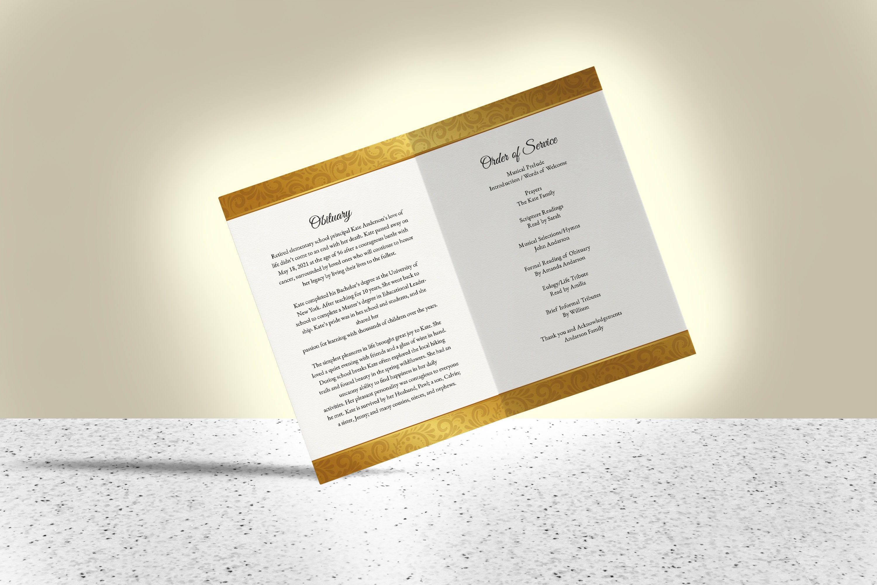 Vintage Golden Funeral Program Template, Celebrating the Life of ...
