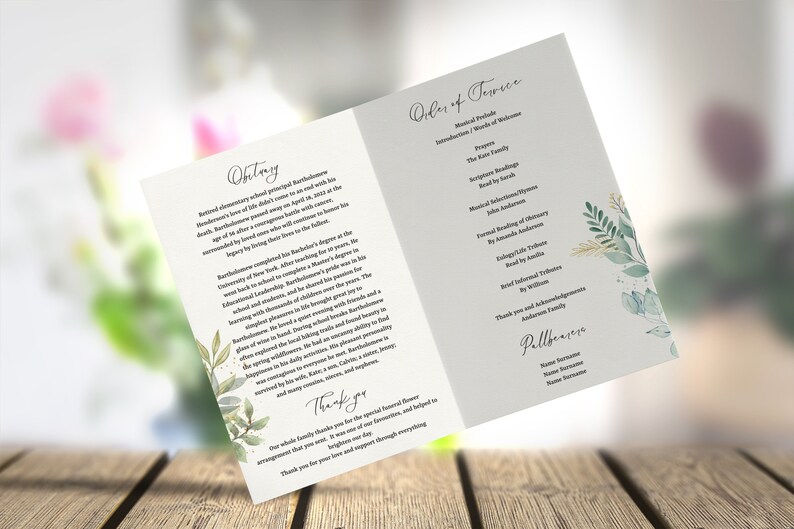 Greenery Funeral Program Template for Men, Celebrating the Life of ...