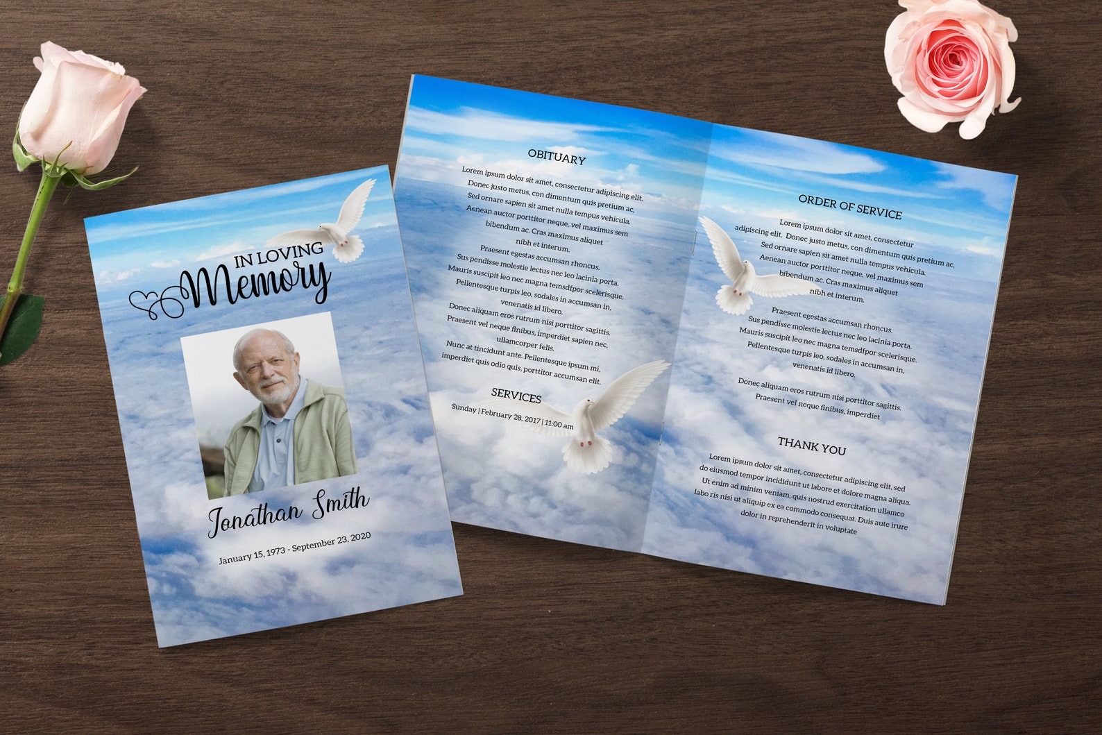 Angel Dove on Sky Funeral Program Template for Men, 4 Page Obituary ...