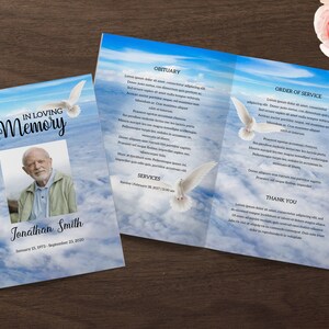 Angel Dove on Sky Funeral Program Template for Men, 4 Page Obituary ...