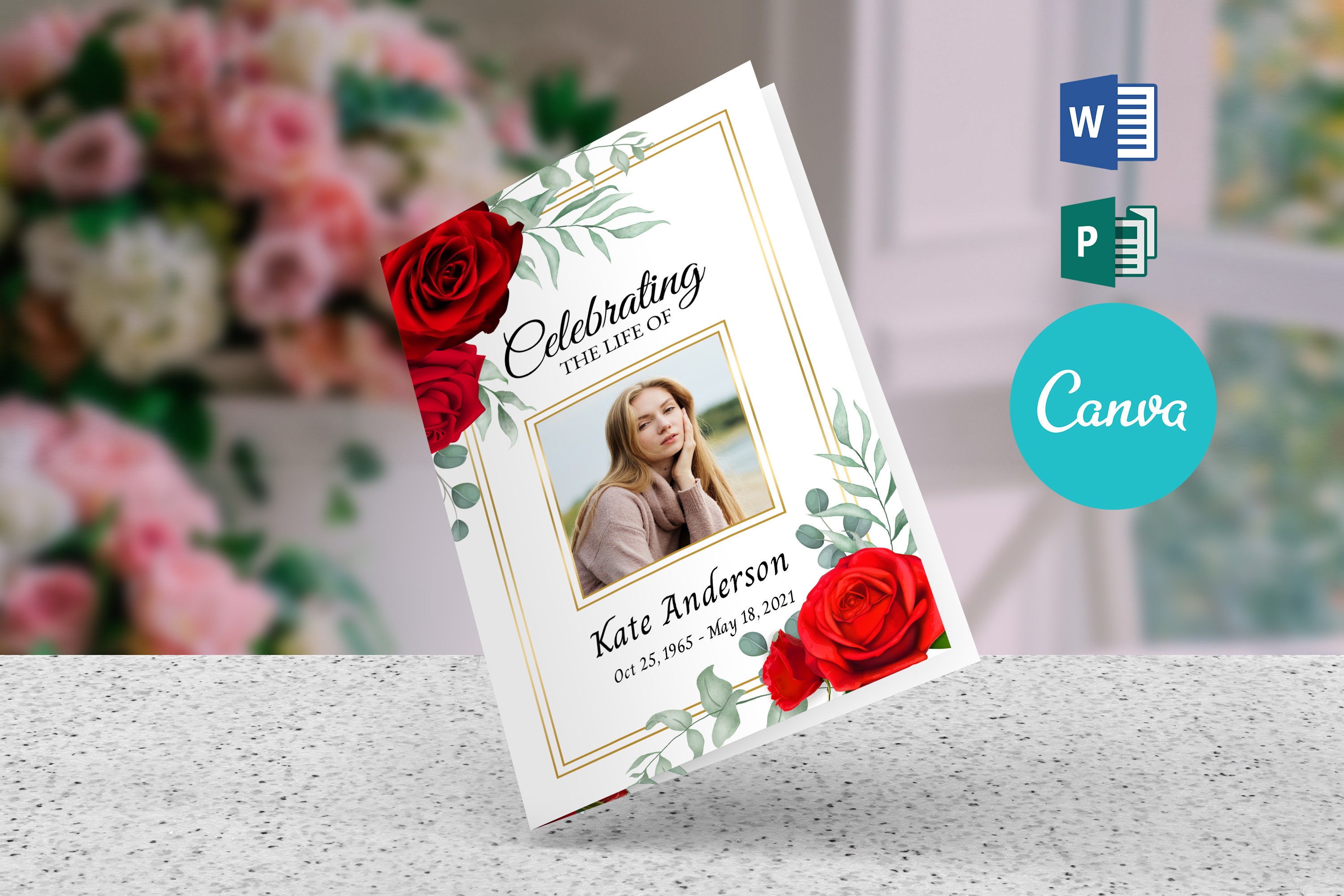 Red Rose Funeral Program Template for Women, Celebrating the Life of Funeral Program 4 Page ...