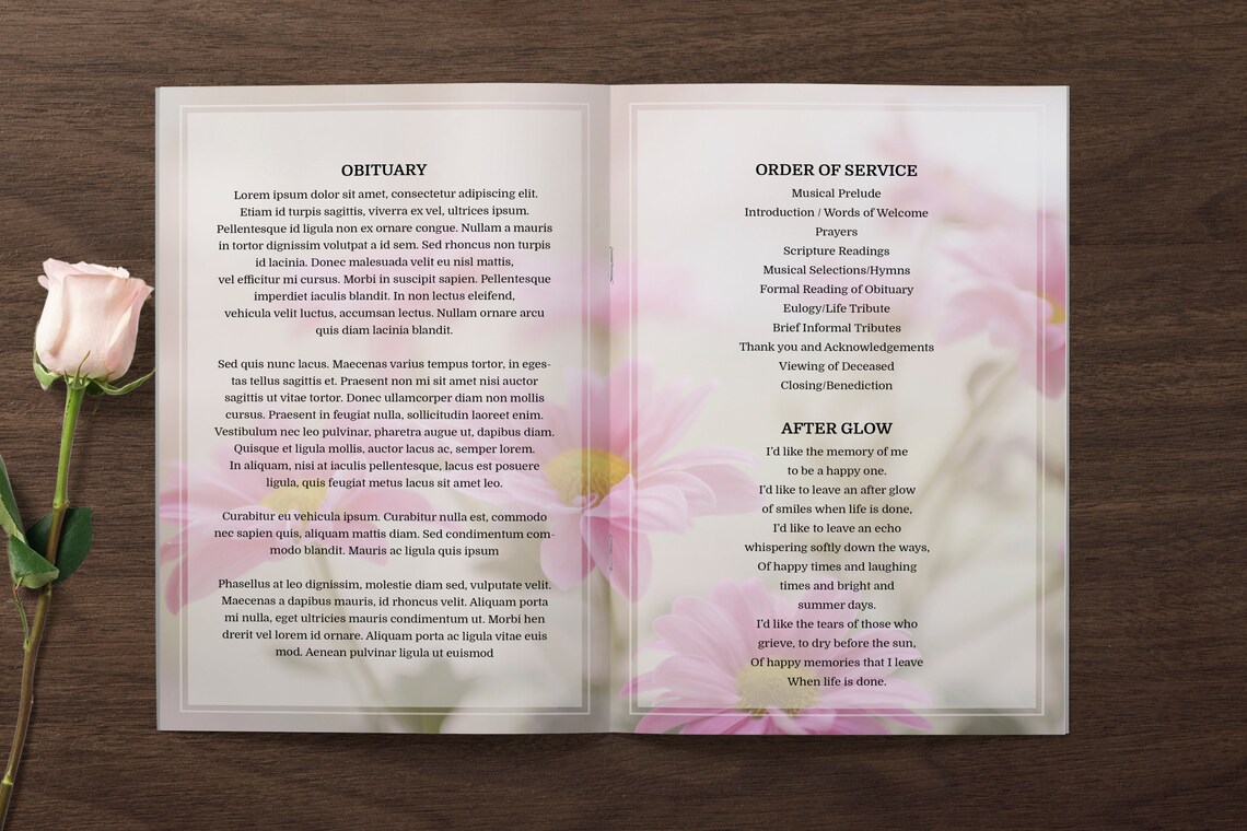 Pink Flower Funeral Program Template,funeral Program Template 4 Page ...