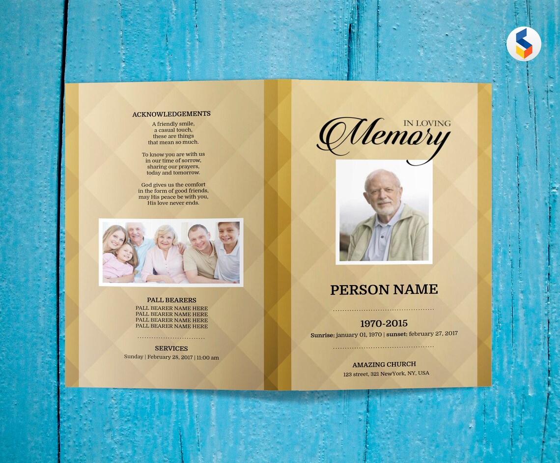GOLDEN BACKGROUND Funeral Program Template, Obituary Program, Memorial ...