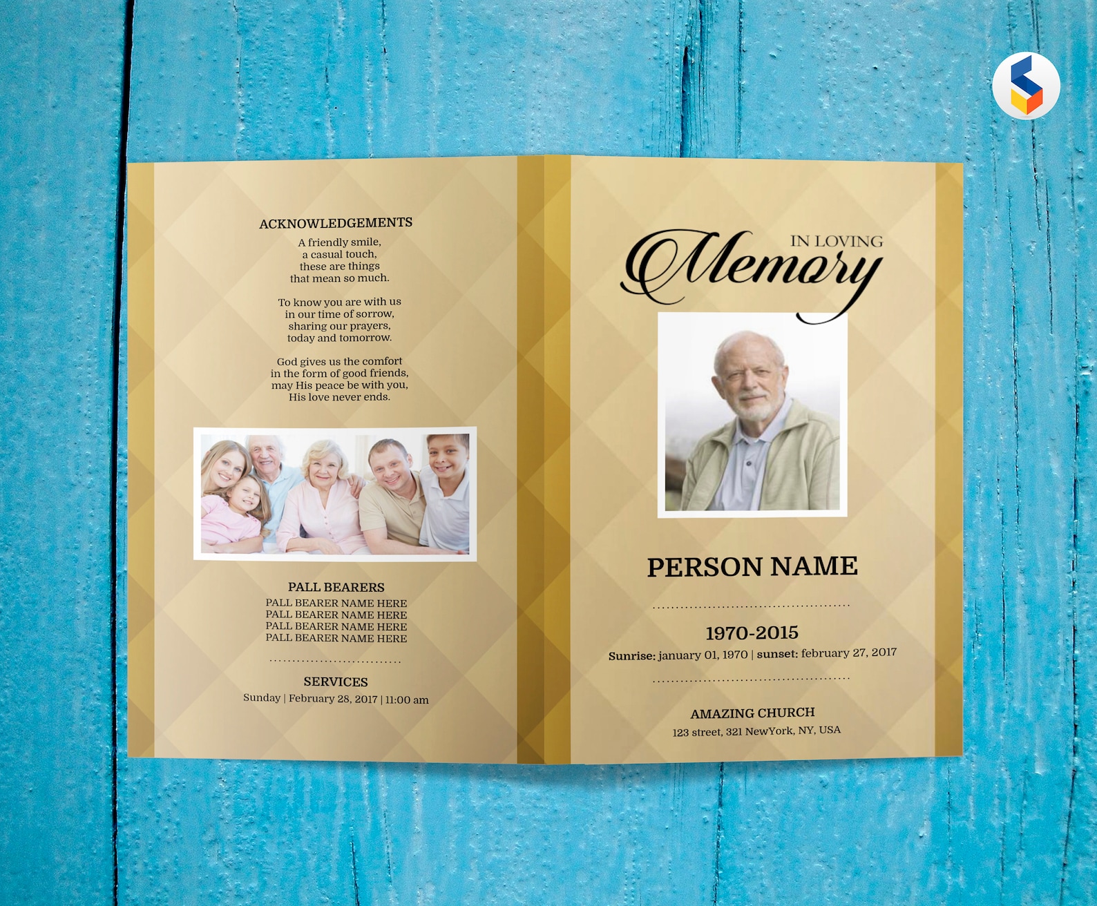 GOLDEN BACKGROUND Funeral Program Template, Obituary Program, Memorial ...