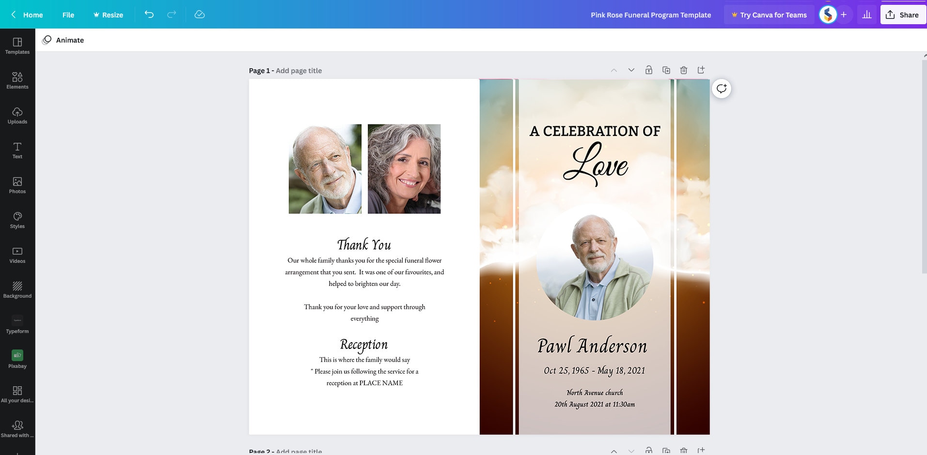 Heavenly Sky Funeral Program Template, Editable 4-page Booklet (canva ...