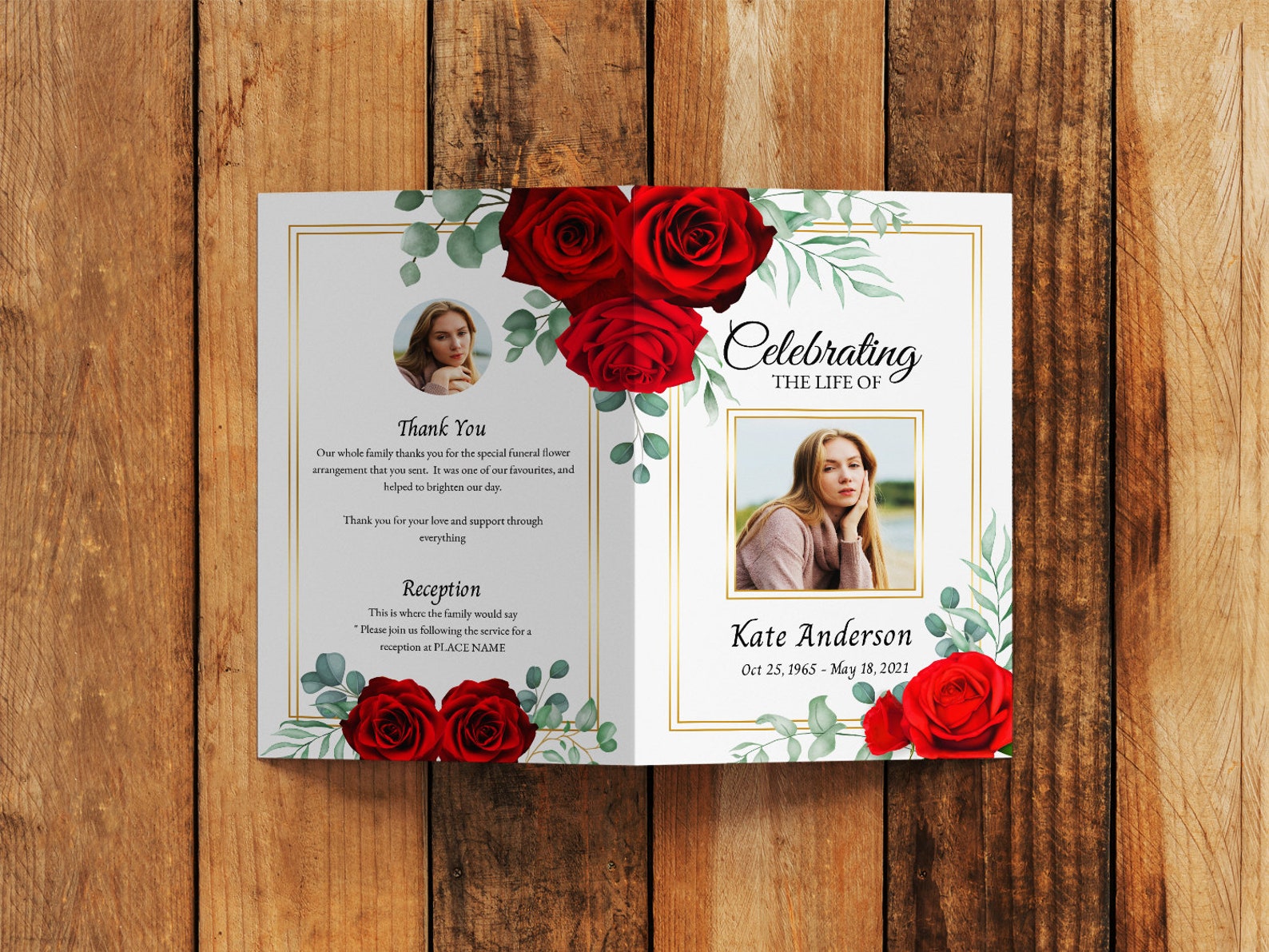 Red Rose Funeral Program Template for Women, Celebrating the Life of ...