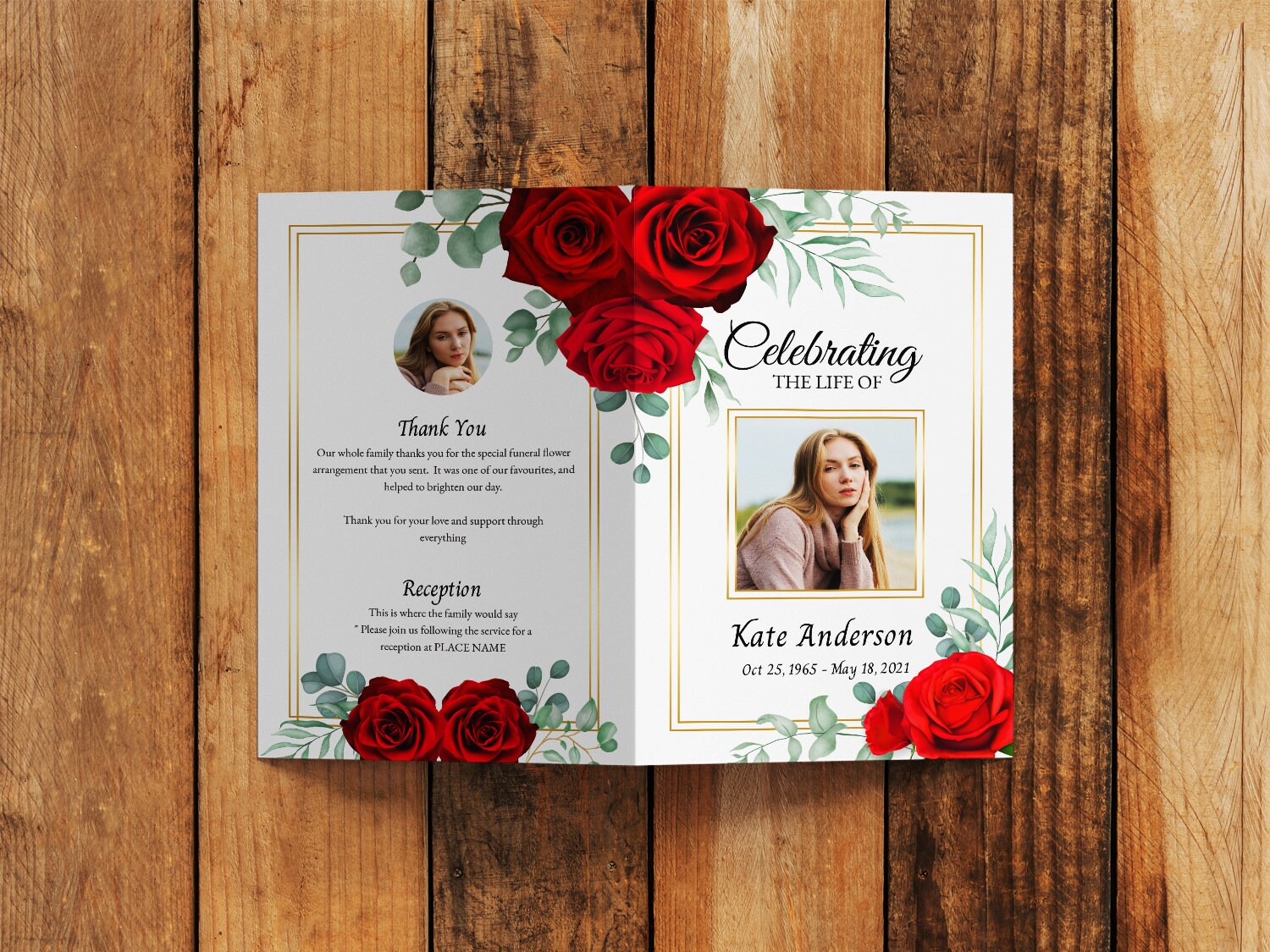 Red Rose Funeral Program Template for Women, Celebrating the Life of Funeral Program 4 Page ...