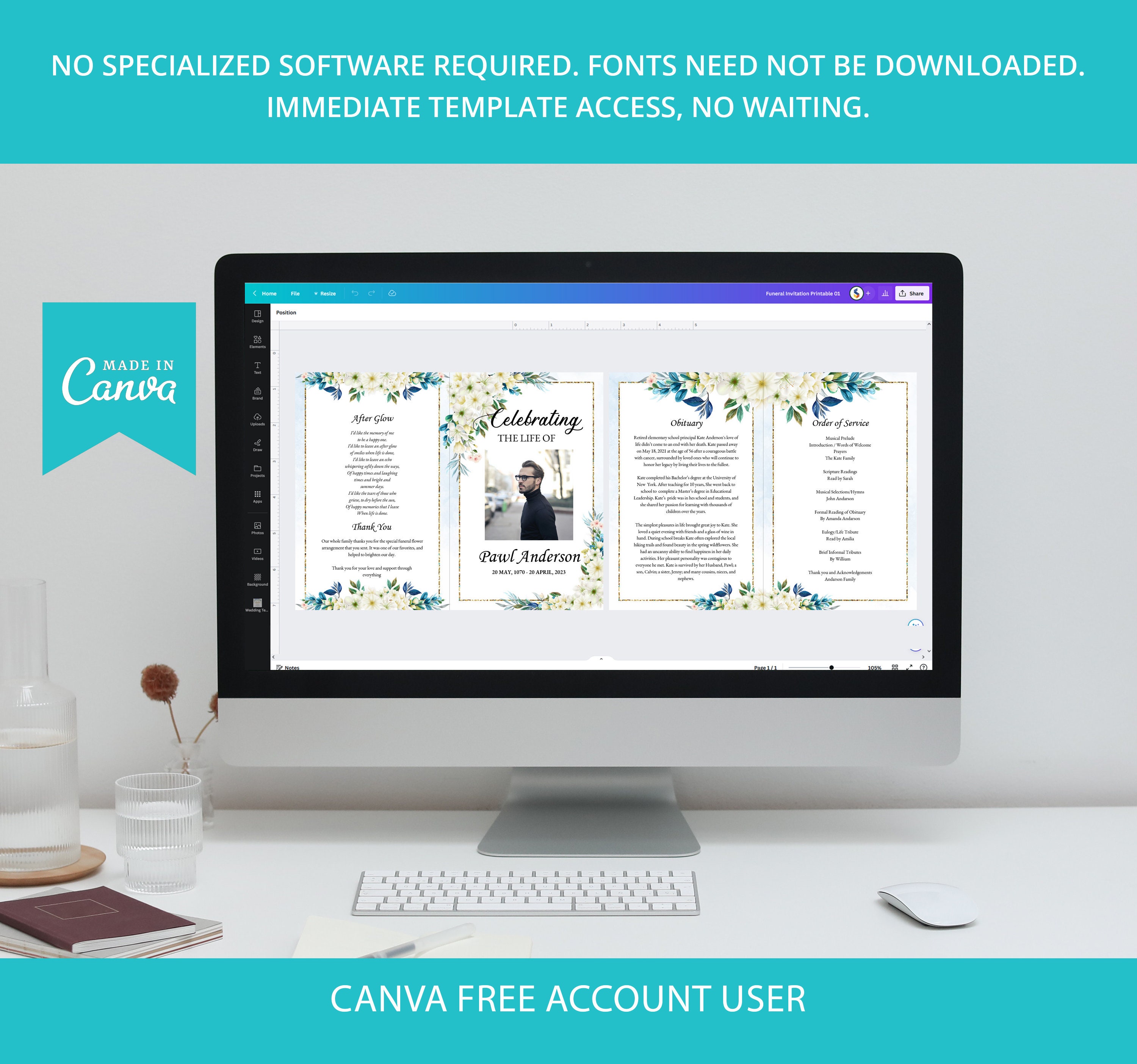 Cherry Blossom Funeral Program Template | Elegant White Design ...