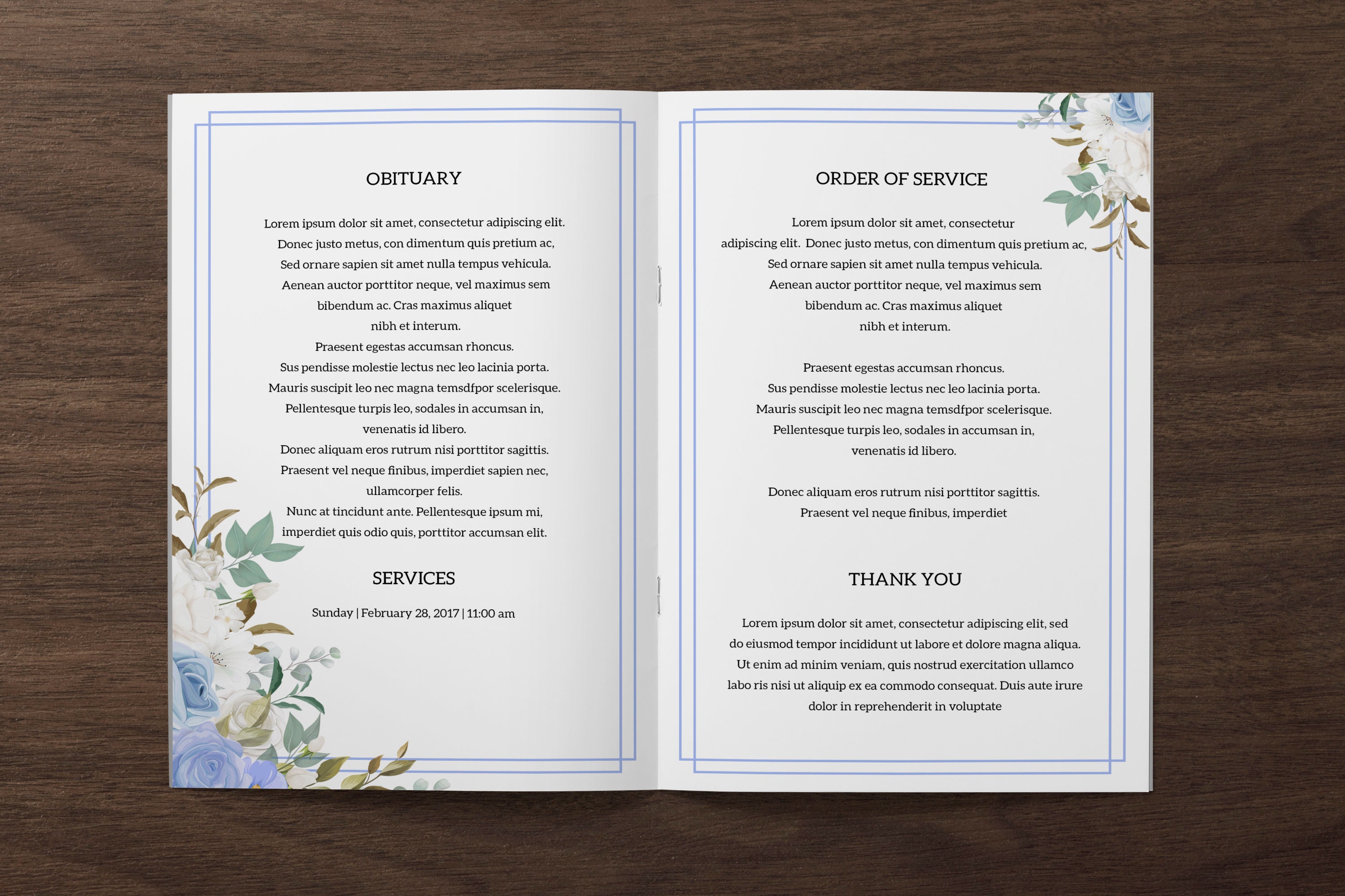 Greenery Funeral Template for Men or Women With Blue Flower, Editable ...