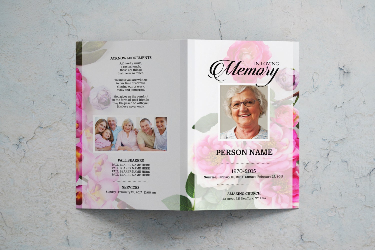 Pink Flower Funeral Program Template, Obituary Program, Memorial ...