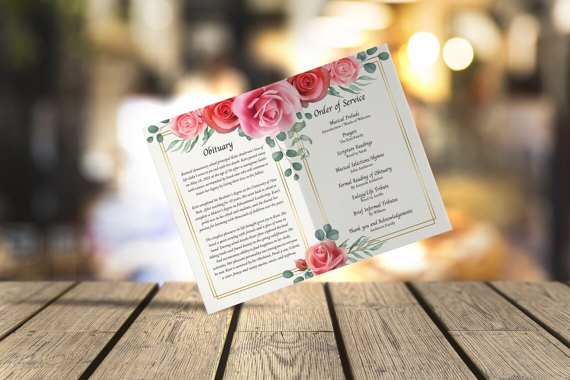 Pink Rose Funeral Program Template, Celebration of Life (canva, Word ...