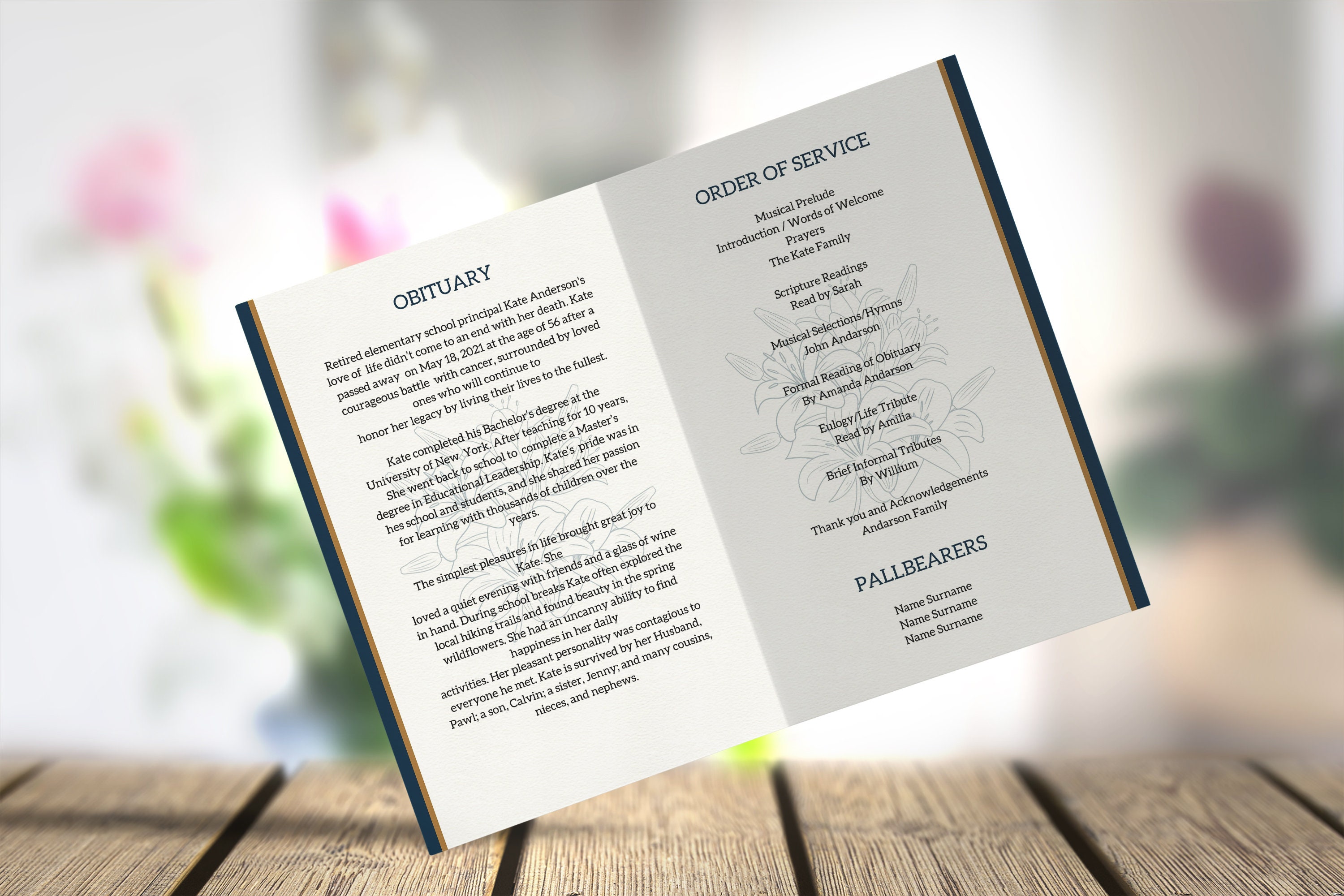 Editable Blue and Gold Frame Funeral Program Template for Women 4-page ...