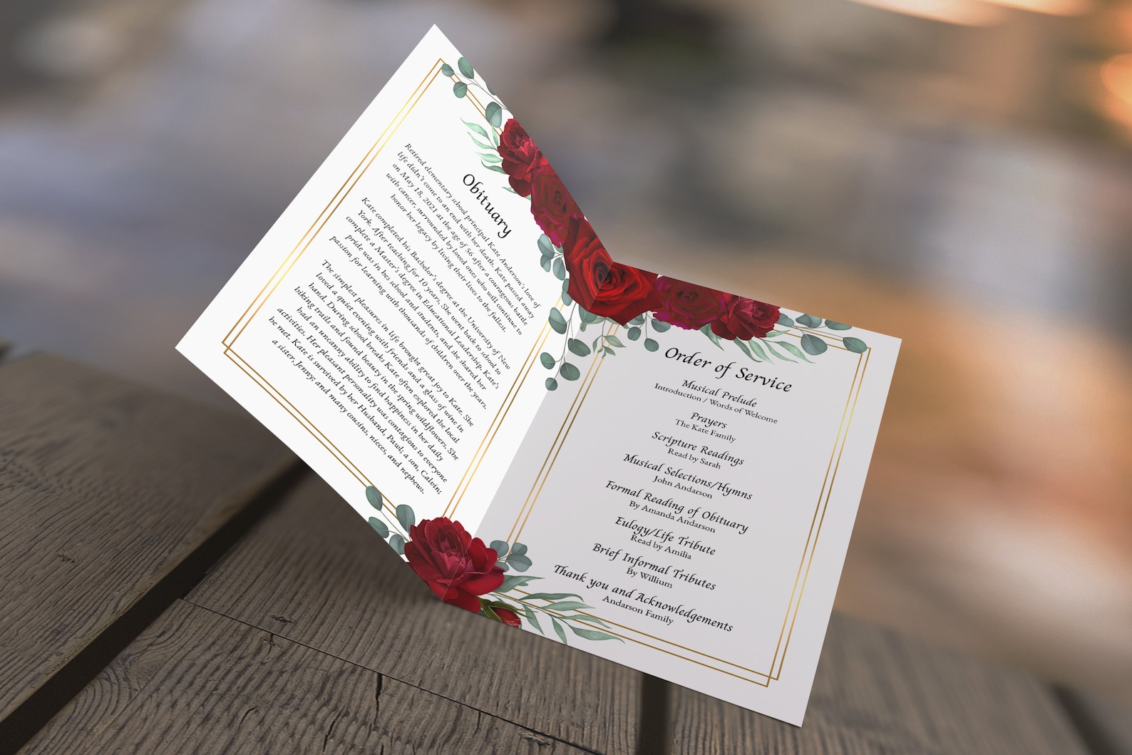 Red Rose Funeral Program Template for Women, Celebrating the Life of Funeral Program 4 Page ...