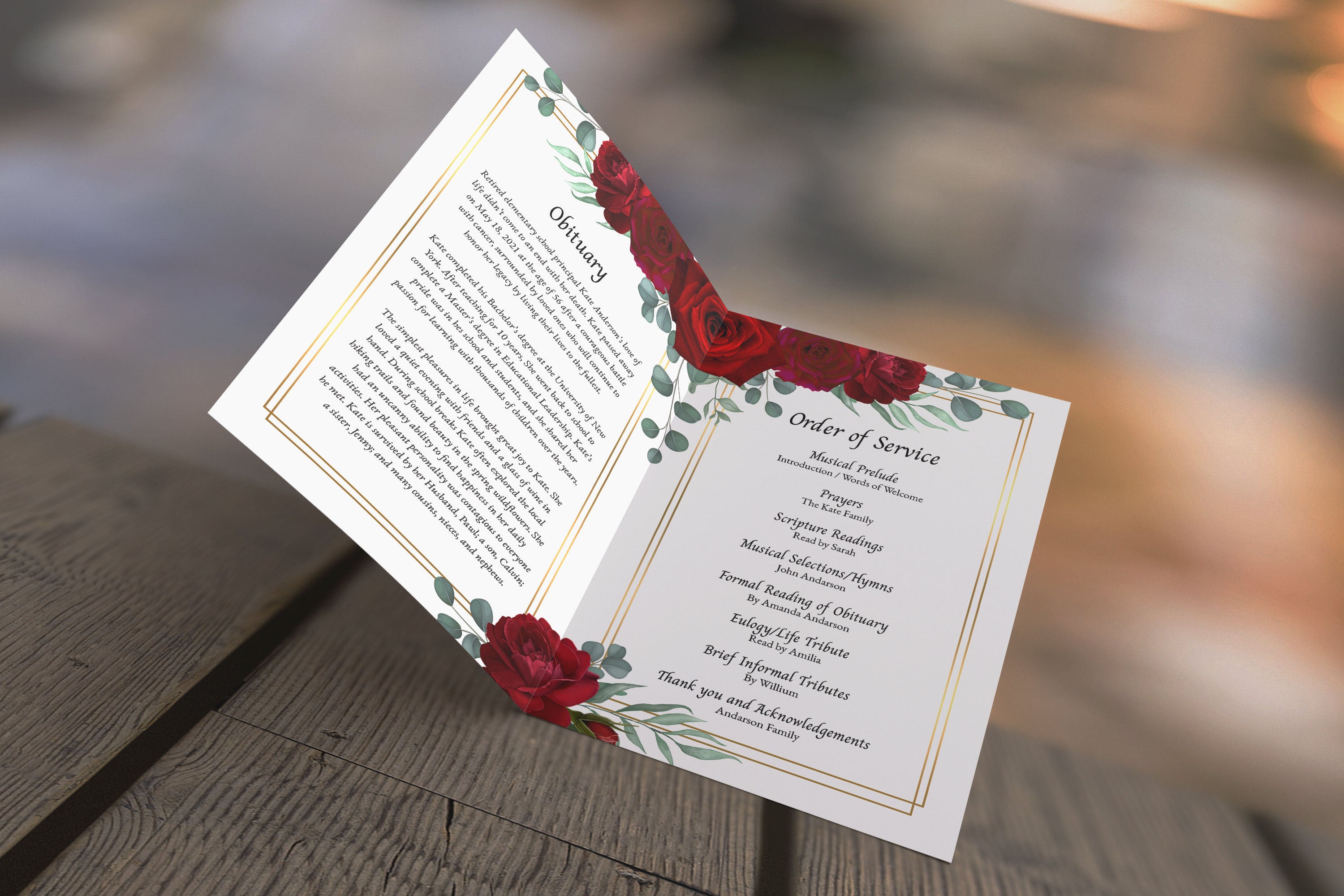 Red Rose Funeral Program Template for Women, Celebrating the Life of Funeral Program 4 Page ...