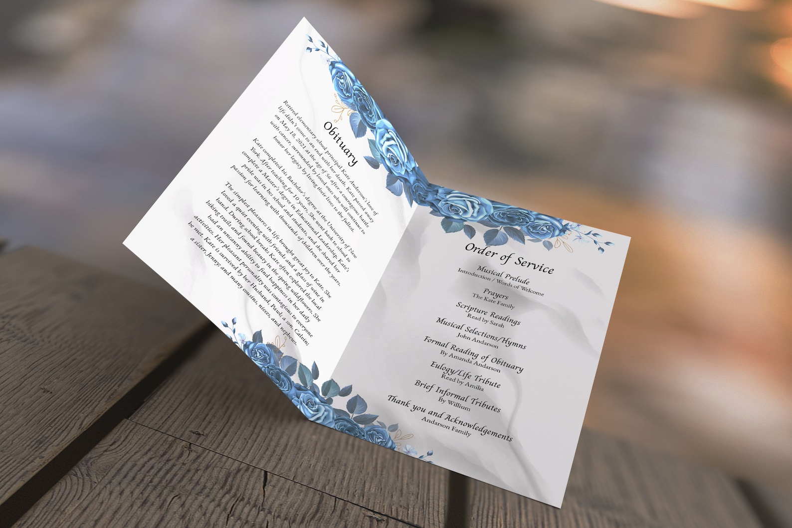 Blue Rose Funeral Program Template for Women, Celebrating the Life of ...