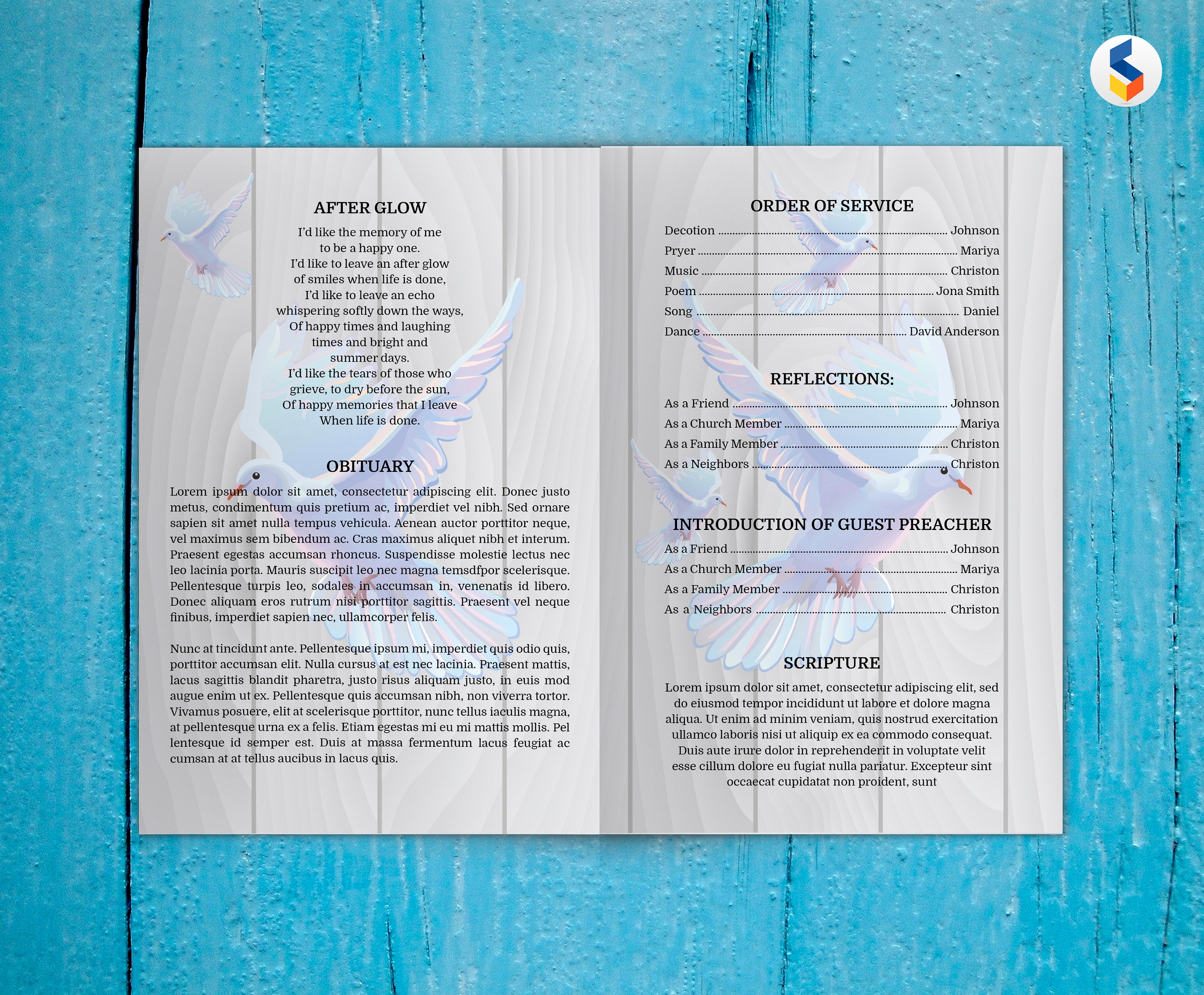 WOODEN BACKGROUND & DOVE Funeral Program Template Obituary - Etsy