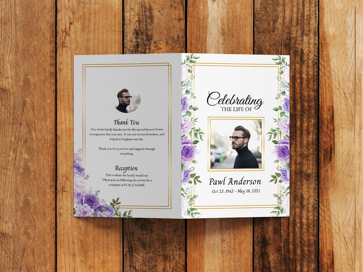 Purple Floral Funeral Program Template for Men, Obituary Program 4 Page ...