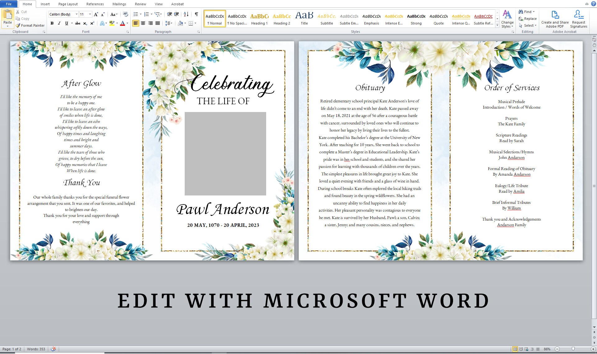 Cherry Blossom Funeral Program Template | Elegant White Design ...