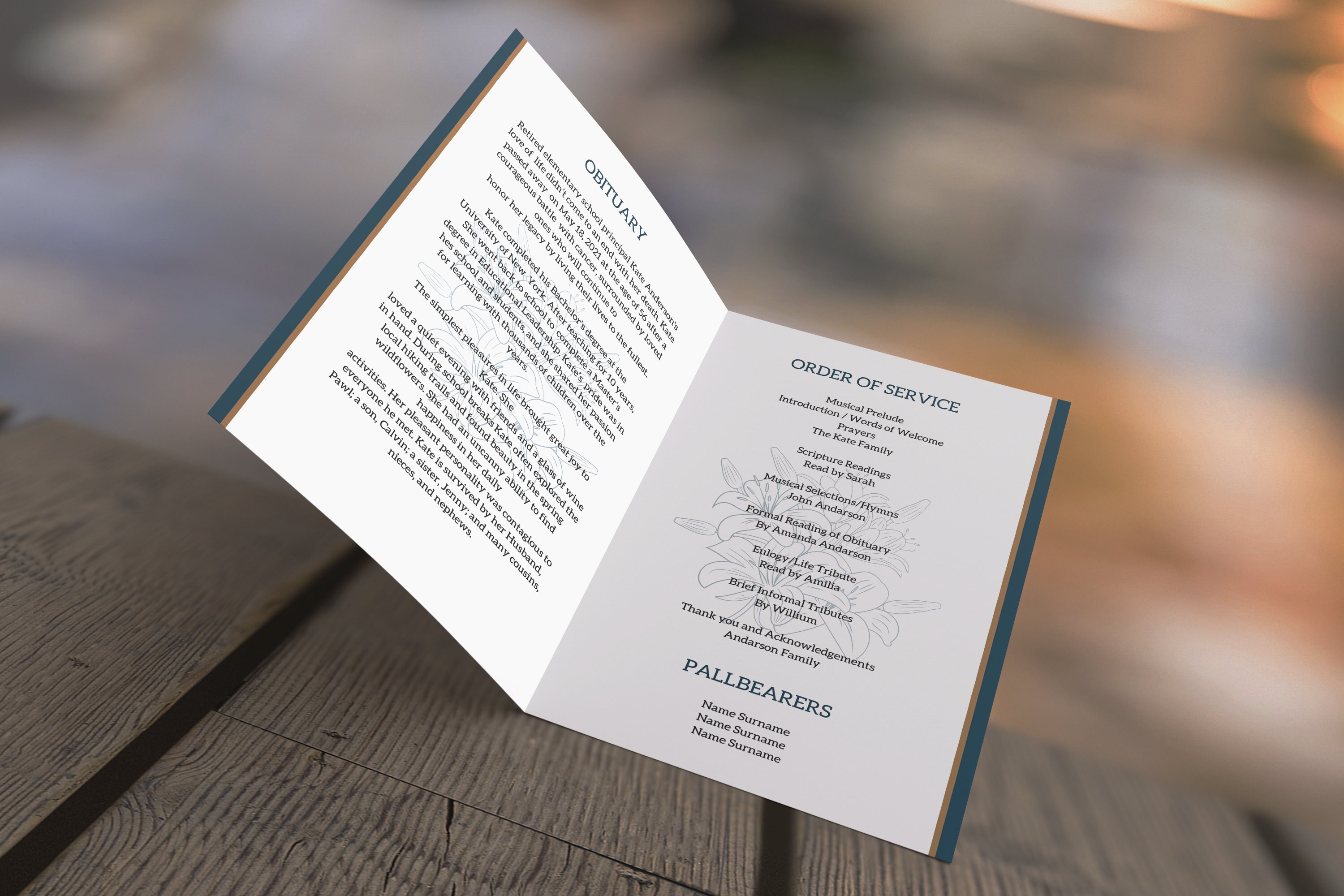 Editable Blue and Gold Frame Funeral Program Template for Women 4-page ...