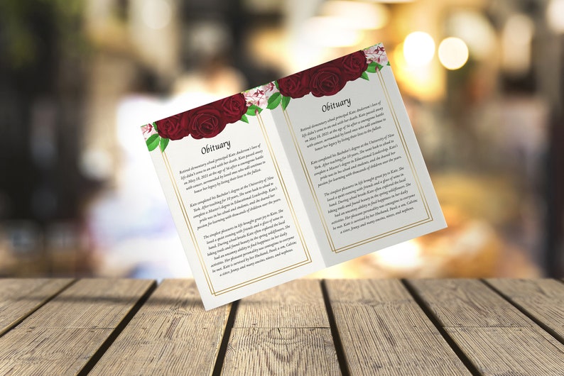 Editable Red Rose Funeral Program Template for Women, Celebrating the Life of Funeral Program 4 ...