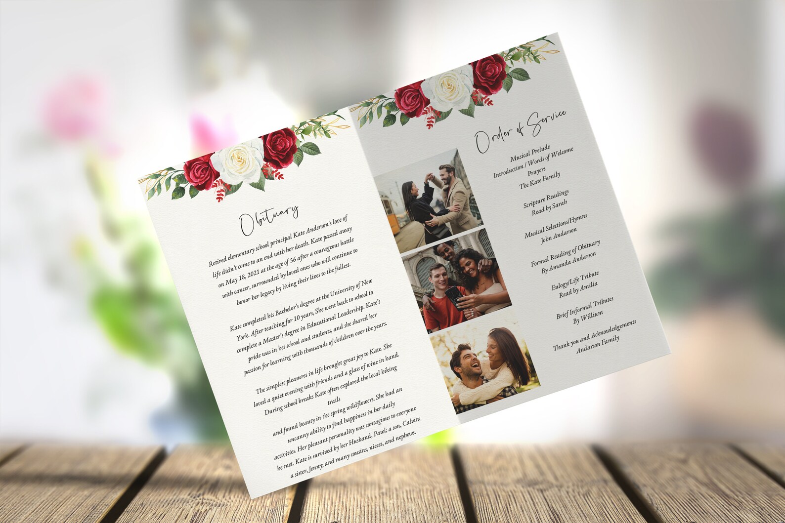 Elegant Red Rose Funeral Program Template for Women | 4-page Booklet ...